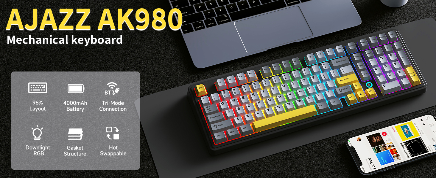 Amazon.com: NACODEX Ajazz AK980 Grey Yellow Wireless Mechanical Gaming Keyboard,Tri-Mode BT5.0/2 ...