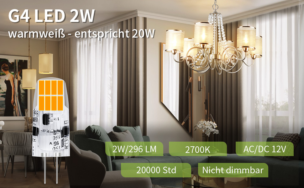 YzzYzz G4 Led Glühbirne, 2W Birnen Warmweiß 2700K Ersatz 20W Halogenlampen, 296LM Leuchmittel AC ...