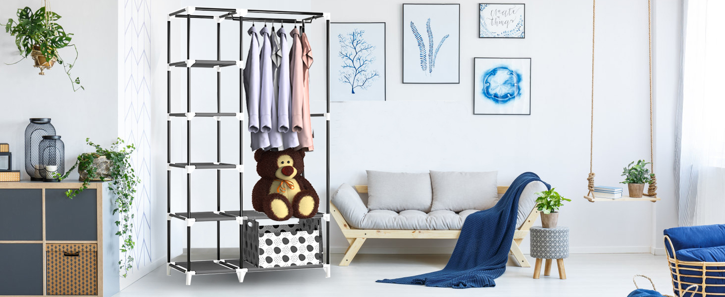 Amazon｜seiyishi ワードローブ 大容量 ハンガー ラック 収納クローゼット クローゼット 帽子 靴 衣類 小物 組み立て式 省スペース 引き出し三つ付き 幅94CM×奥行45CM ...