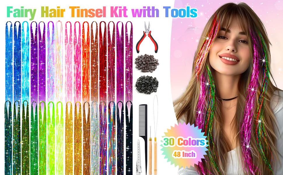 Amazon.com : 30 Shiny Colors Fairy Hair Tinsel Kit, 48 Inch 6000 Sparkle Glitter Strands With ...