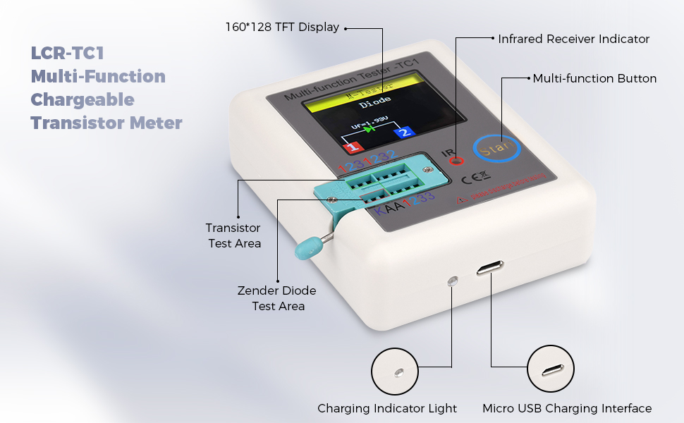 FORIOT LCR-TC1 Multi-Function Chargeable Transistor Meter with 1.8'' Full Color Display for ...