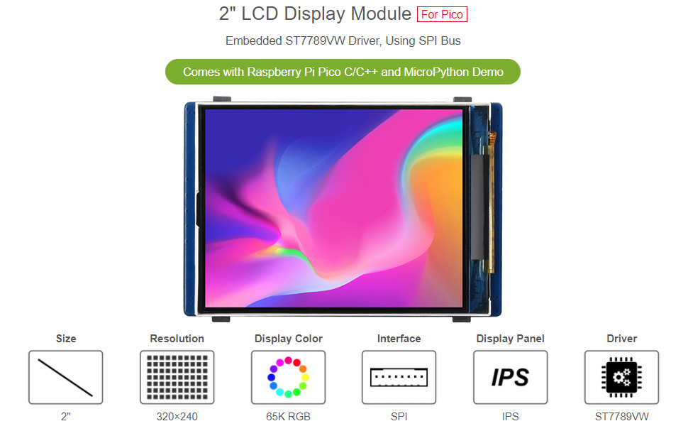 Waveshare 2inch LCD Display Module for Raspberry Pi Pico 320 240 Pixels ...