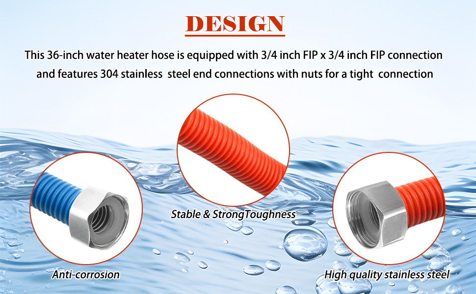 36 inch Flexible Stainless Steel Corrugated Water Heater Connector,3/4" FIP x 3/4" FIP Water ...