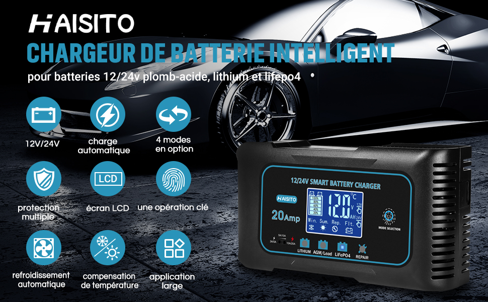 Haisito Chargeur Batterie Voitures 12V/24V 20A, Chargeur Batterie Auto et Moto Rapide ...