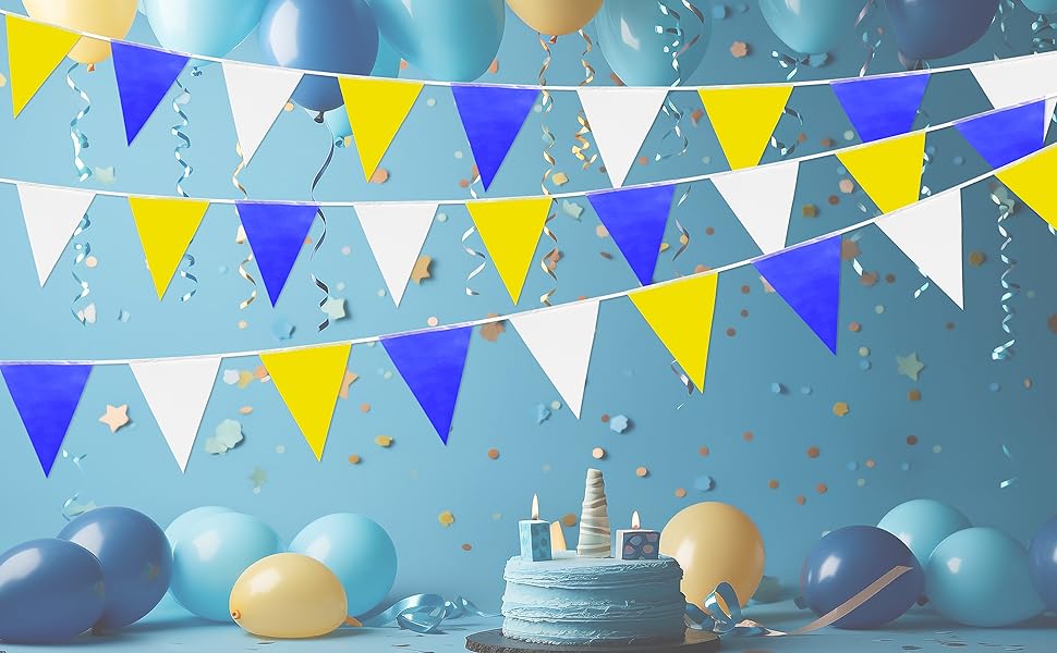 Amazon.com : LZXING 100 Feet Blue Yellow White Pennant Banner Flags ...