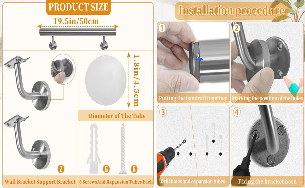 BQKOZFIN 50CM Stainless Steel Handrail for Stairs, Wall Mounted Stair Railing with 2 Brackets ...