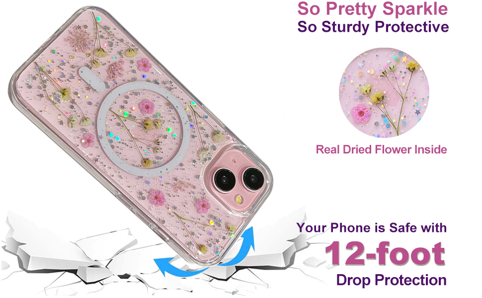 Amazon.com: ASONCE Real Flowers for iPhone 15 Case Cute,Clear Glitter Magnetic Phone Cover with ...