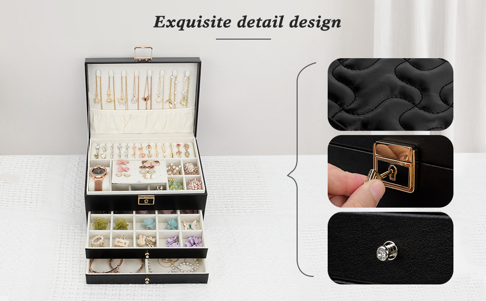 Amazon.com: DesignSter Jewelry Box,Jewelry Organizer with 2 Drawers, 3 Layers Leather Jewelry ...