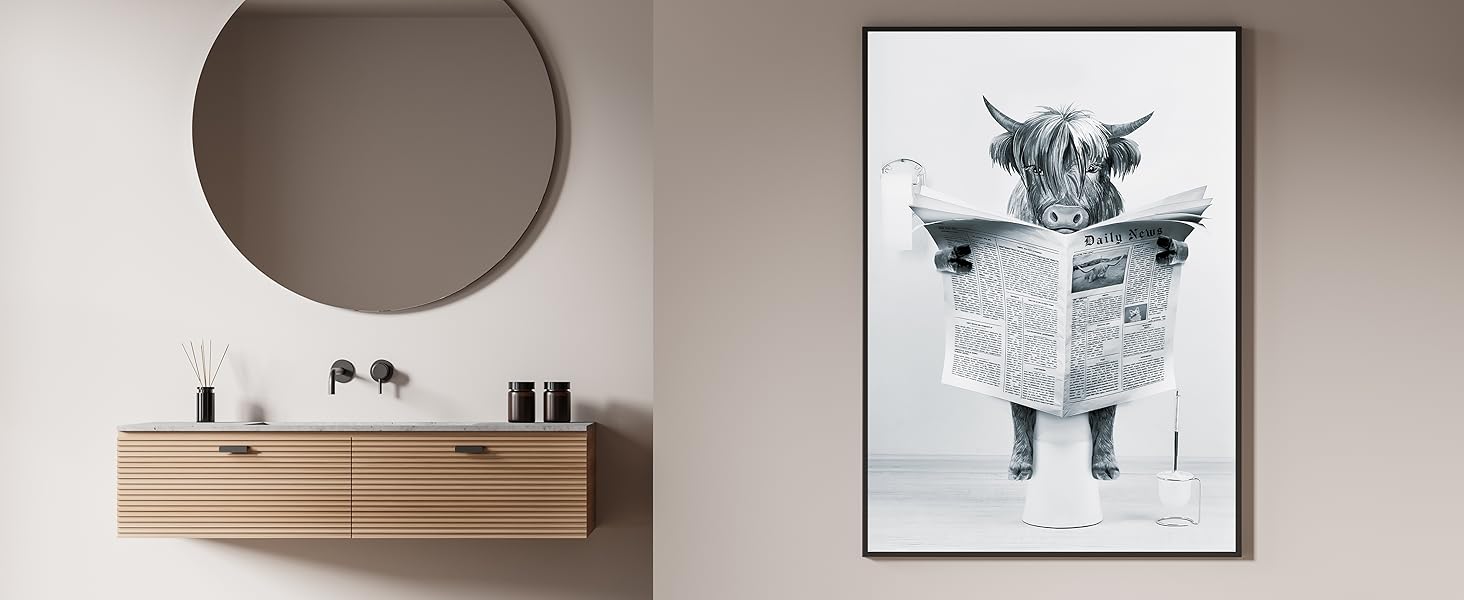 Amazon.de: ZFTCN Lustige Hochland Kuh Wandkunst in Badewanne, Schwarz-Weiß Leinwand Bild für ...