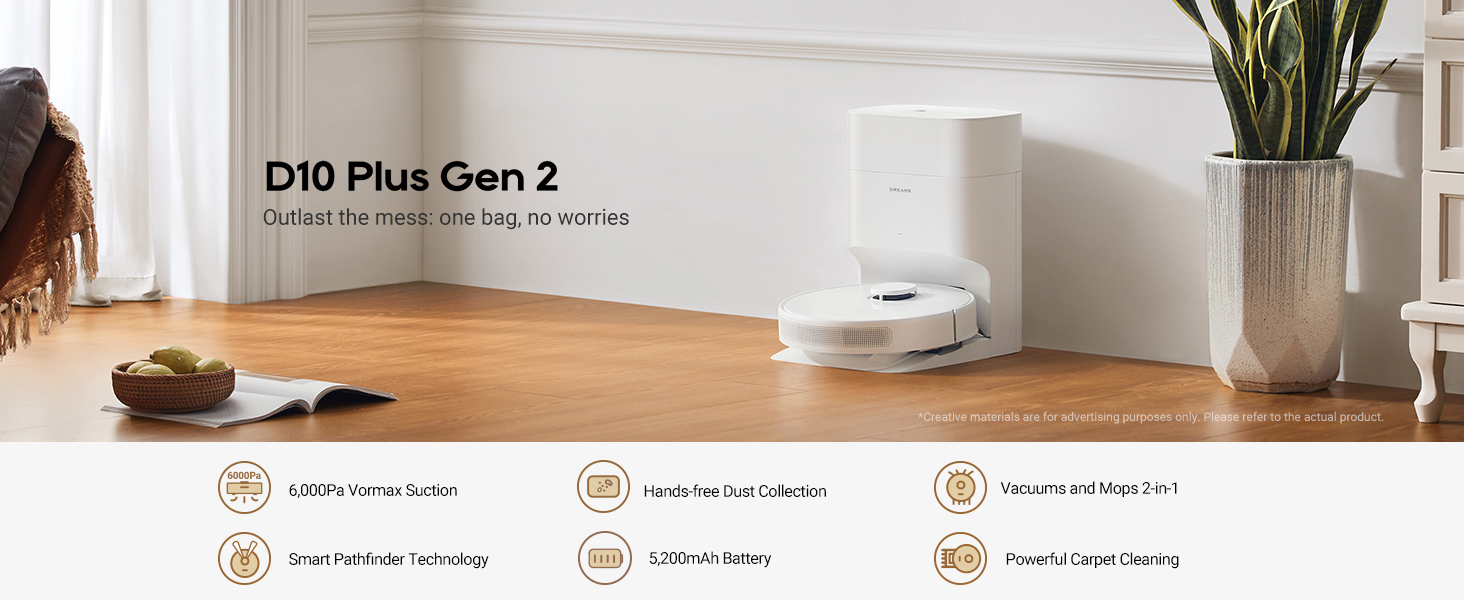 dreame D10 Plus Gen 2 Robot Vacuum Cleaner with Automatic Dust Drain, Stores Up to 90 Days of ...