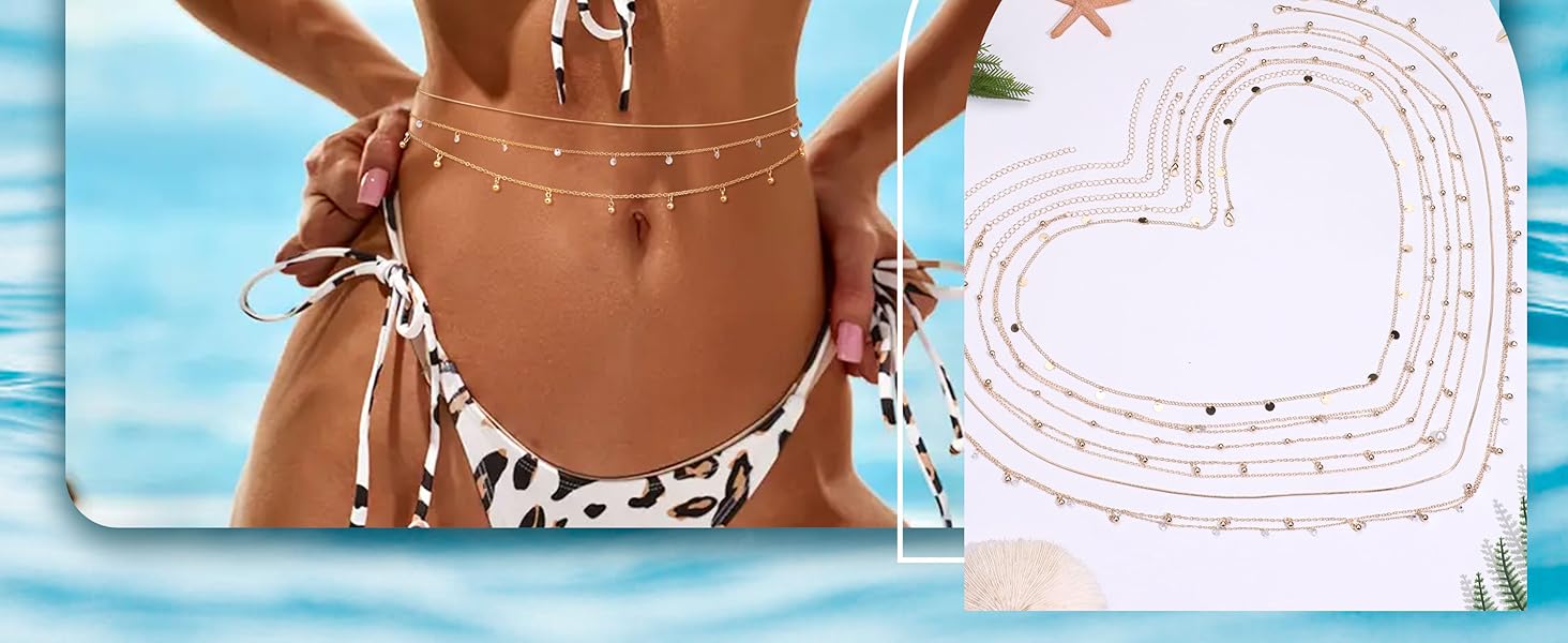 LOLIAS 6Pcs 14K Gold Plated Waist Chains Body Chains for Women Layered Bikini Belly Chains For ...