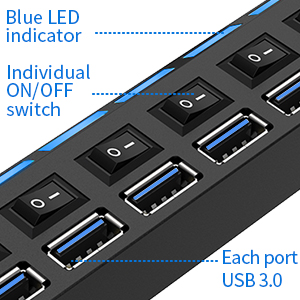 LOBKIN USB Hub 7-Port,Tragbar USB 3.0 Hub mit Einzelnen LED-Netzschaltern fur Laptop, PC ...