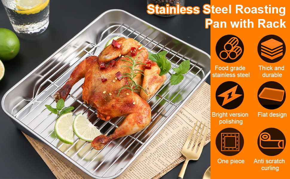 Plplaaoo Stainless Steel Roasting Pan with Rack –Nonstick Rectangular ...