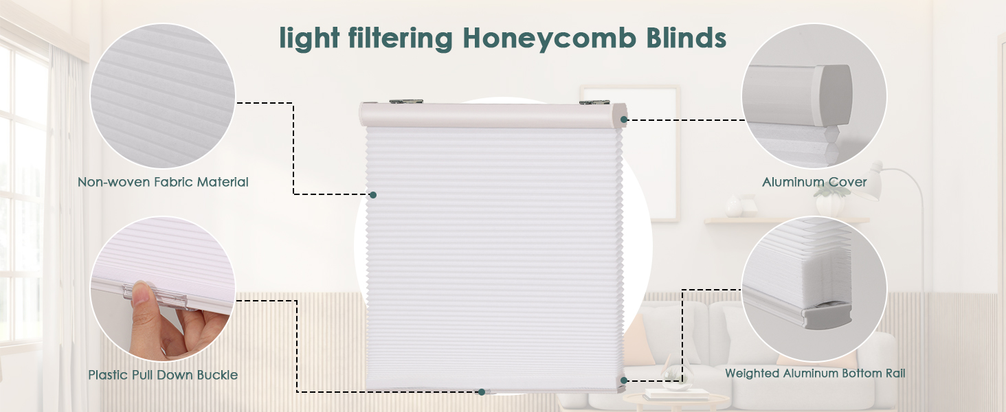 LUCKUP Custom Size Cordless Cellular Shades for Windows-Light Filtering Bottom Up Honeycomb ...