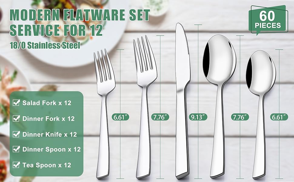 60-Piece Silverware Set, Stainless Steel Flatware Set for 12, Food-Grade Tableware Cutlery Set ...