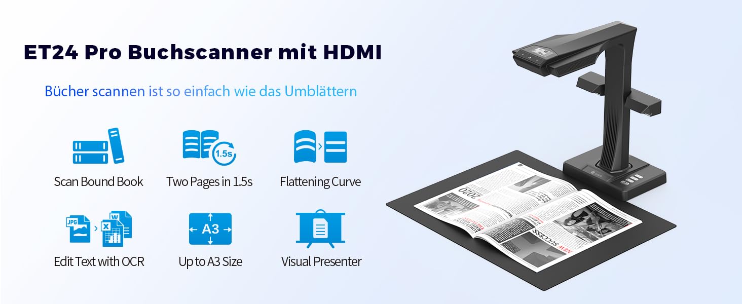 CZUR ET24 Pro Professioneller 24MP Buchscanner mit HDMI,HD Dokumentenscanner A3 Scanner mit ...