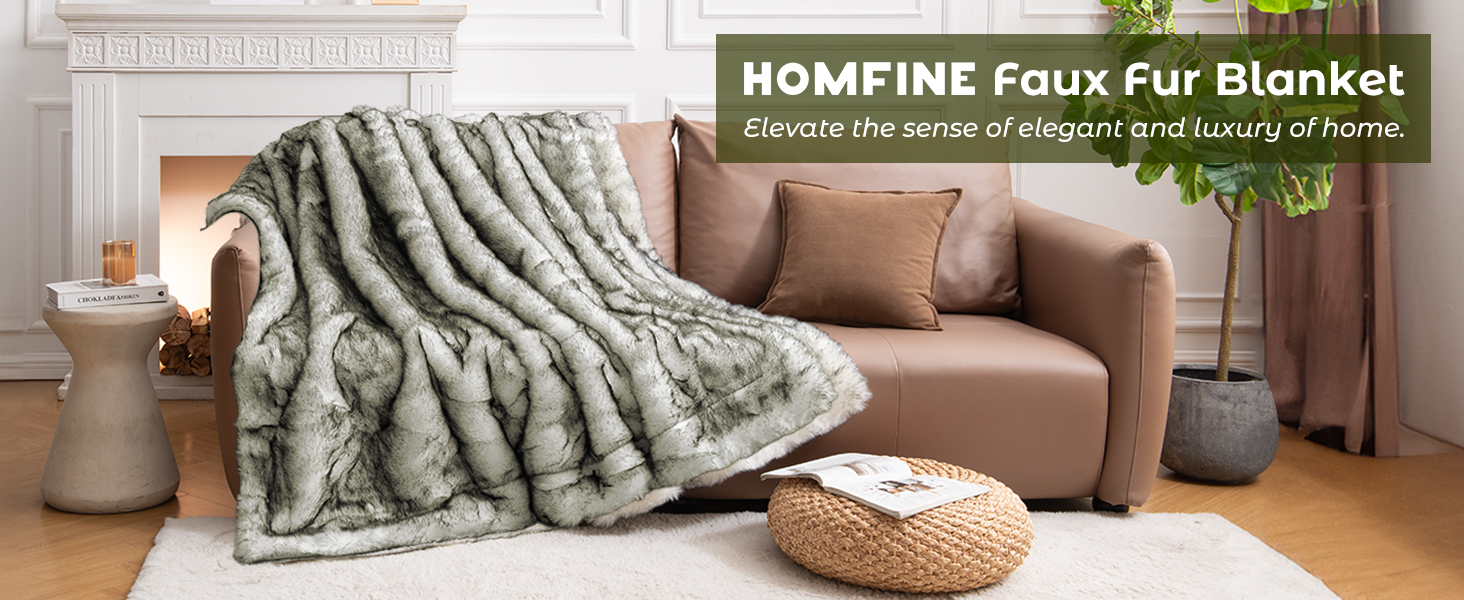 HOMFINE Luxury Faux Fur Throw Blanket - Long Fluff Fuzzy Super Thick ...