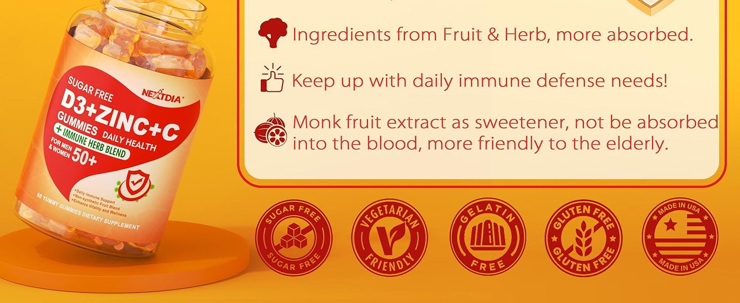 Amazon.com: Sugar Free Vitamin C + D3 + Zinc Gummies for Adults 50 +, 9 in 1 Immune Defense ...