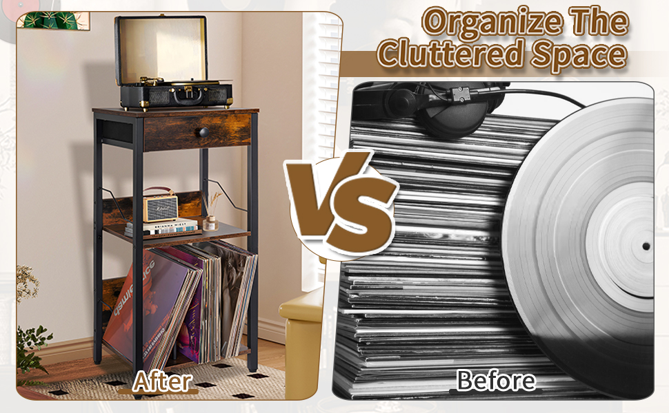 BQKOZFIN 3-Tier Record Player Stand, Vinyl Record Player Table with Drawer & Storage Shelf Up to ...