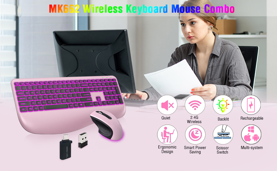 Wireless Keyboard And Mouse Combo 7 Backlit Effects Rechargeable Wrist Rest 2 4g