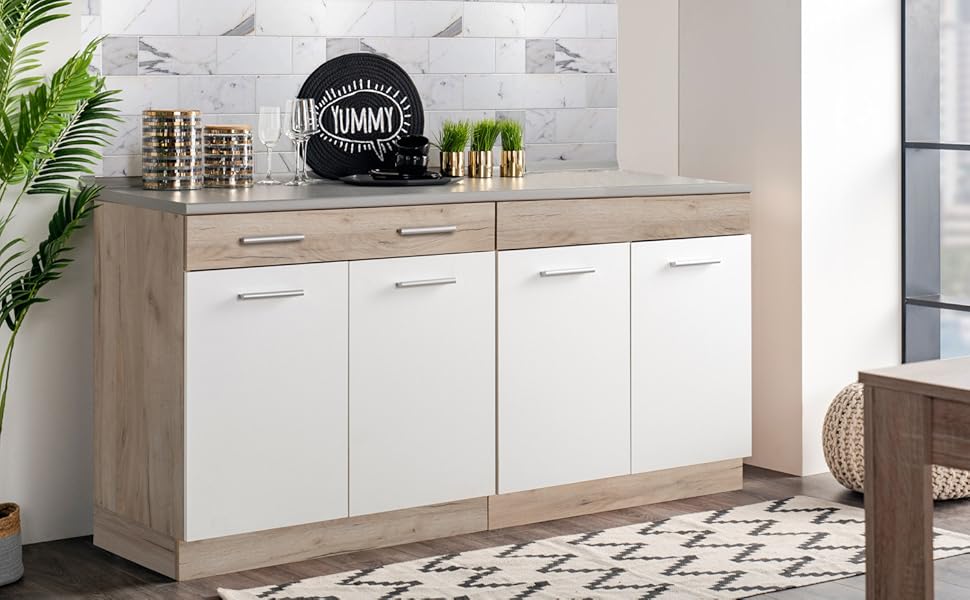 Homestyle4u 2354, Küchenschrank mit Arbeitsplatte, Küchenzeile ohne Elektrogeräte, Eiche Holz ...