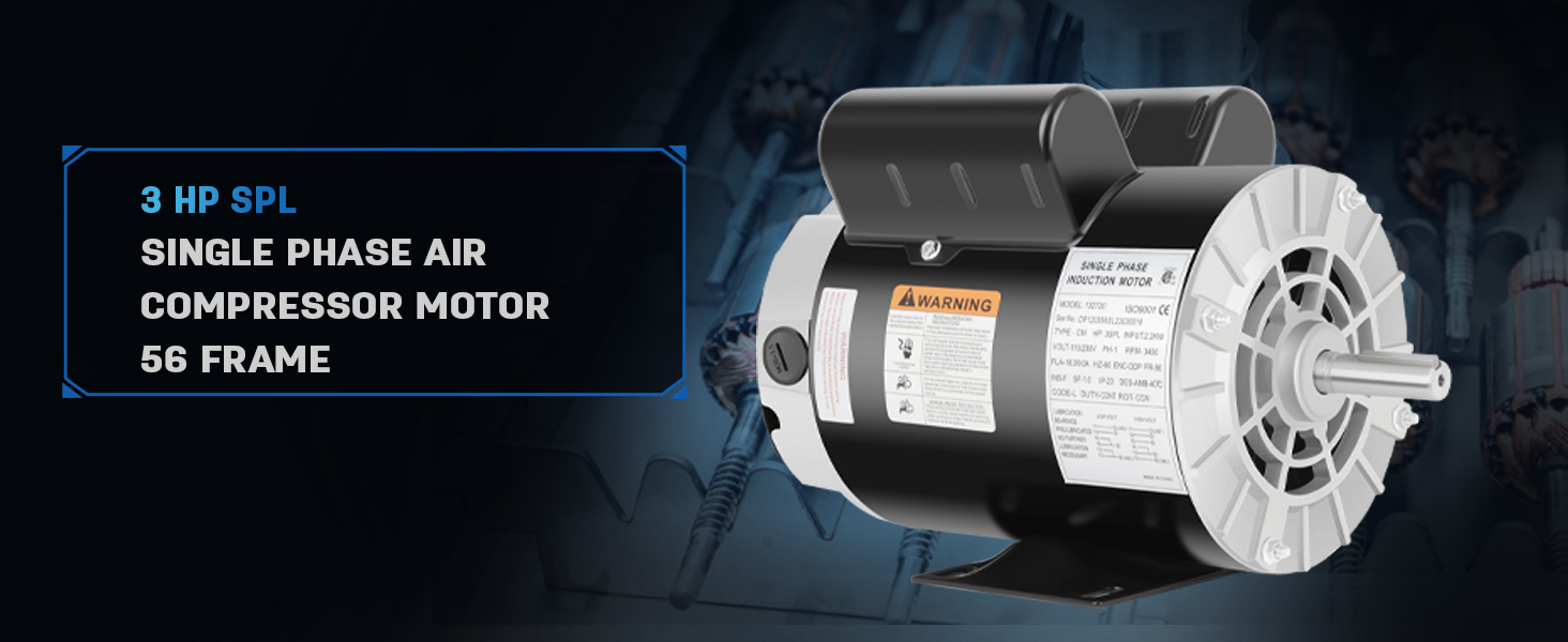 Air Compressor Electric Motor, 3HP SPL 3450 RPM, 115/230V Single Phase, 56 Frame 5/8 Keyed Shaft ...
