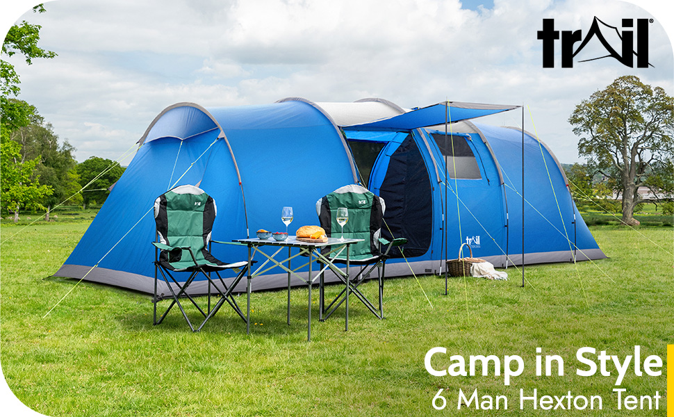 Trail Hexton XL 6 Man 2 Room Tent, Family Camping Tunnel Tent, 5000mm Waterproof, Dark Zone ...