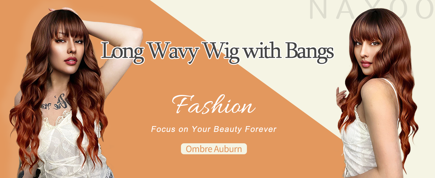 Amazon.com : NAYOO Auburn Wigs with Bangs - Long Curly Wavy Hair, Heat Resistant Synthetic Fiber ...