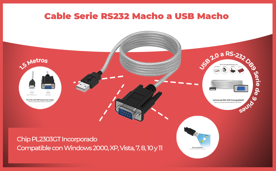 CABLEPELADO Cable Serie RS232 Macho a USB Macho | Adaptador USB a RS-232 DB9 Serie de 9 Pines ...