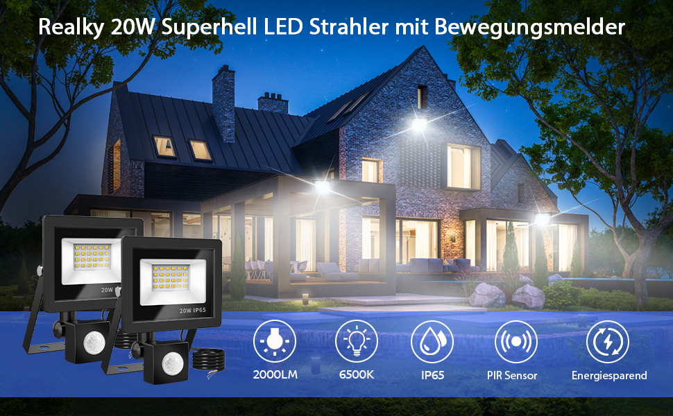 Realky LED Strahler mit Bewegungsmelder, 20W 2000LM Außenstrahler 6500K Kaltweiß Scheinwerfer ...