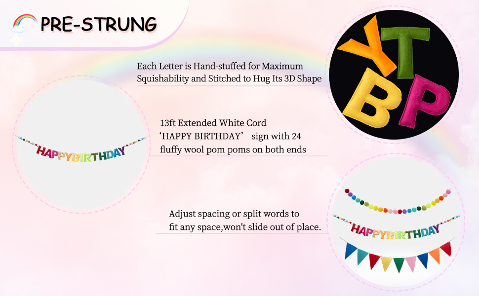 Amazon.com: Colorful Happy Birthday Felt Banner, Pre-Strung Rainbow ...