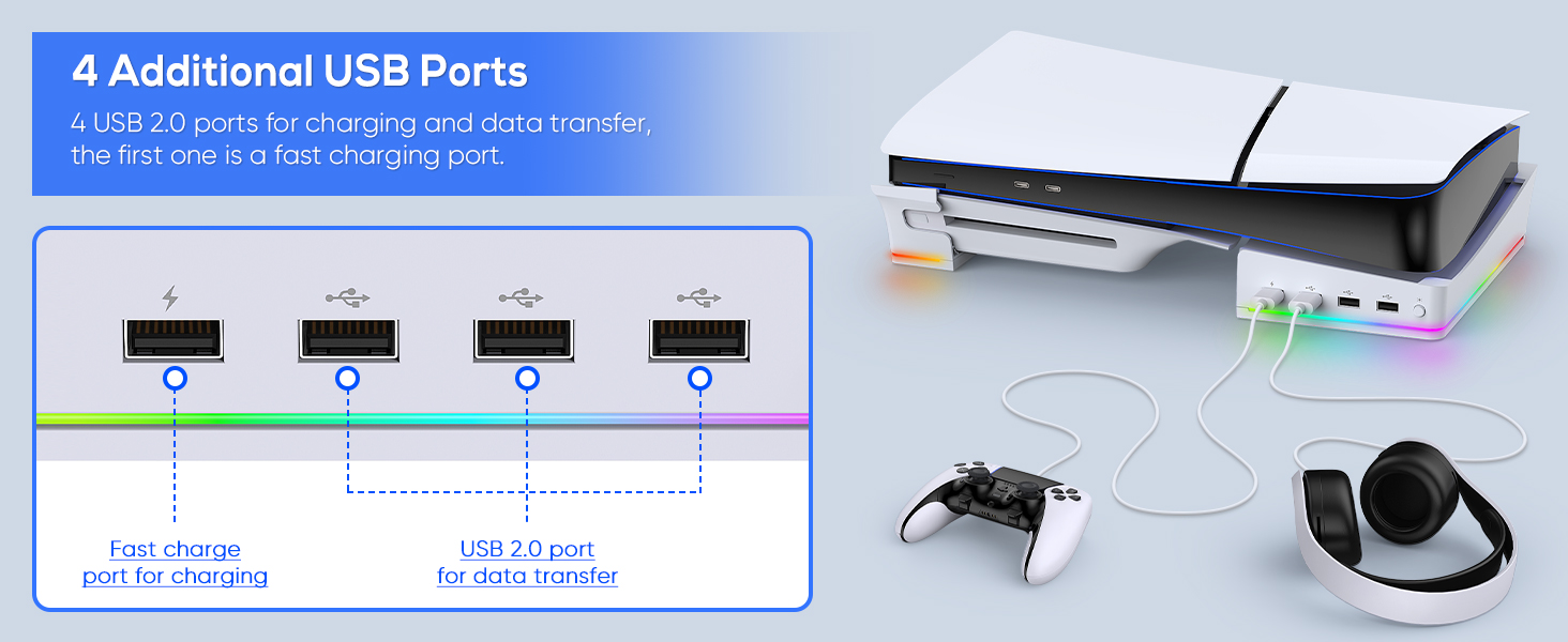 Amazon.com: MENEEA Horizontal Stand for PS5 Pro/PS5 Slim Console with 4-USB Port Hub & 14 RGB ...