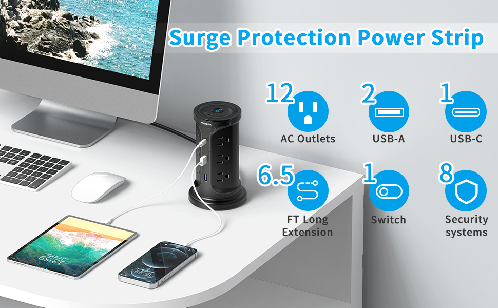 NVEESHOX Regleta Multicontacto, Torre Multicontacto con 12 Tomas de CA y 2 USB-A 1 USB-C ...