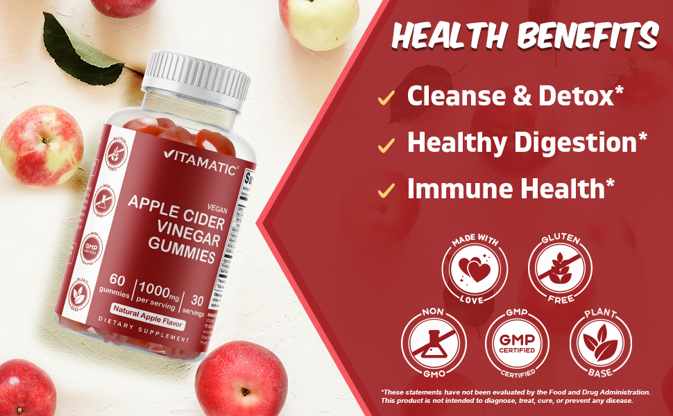 Amazon.com: Vitamatic Apple Cider Vinegar Gummies - 1000mg per Serving - 60 Vegan Gummies - ACV ...