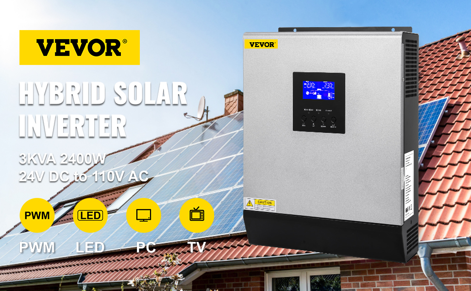Amazon.com: VEVOR Hybrid Solar Inverter, 3KVA 2400W, Pure Sine Wave Off-Grid Inverter, 24VDC to ...