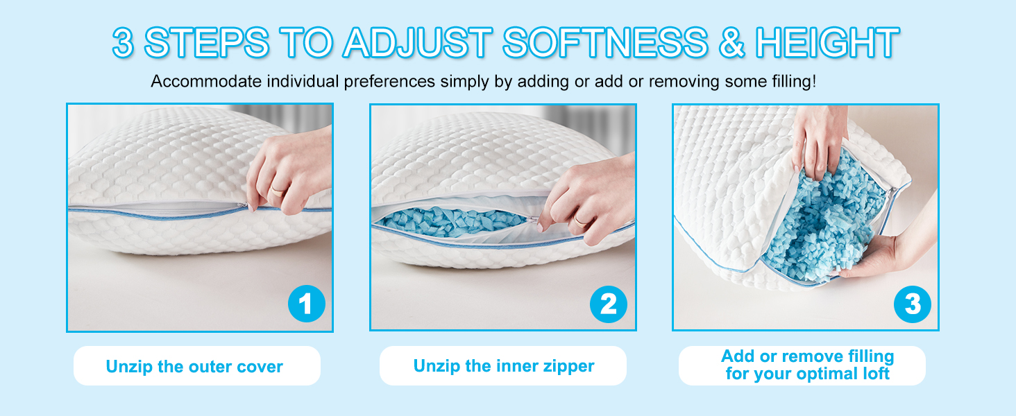 VVZ Cooling Shredded Memory Foam Pillows Queen Size 2 Pack, Adjustable Firm Bed Pillows for Side ...