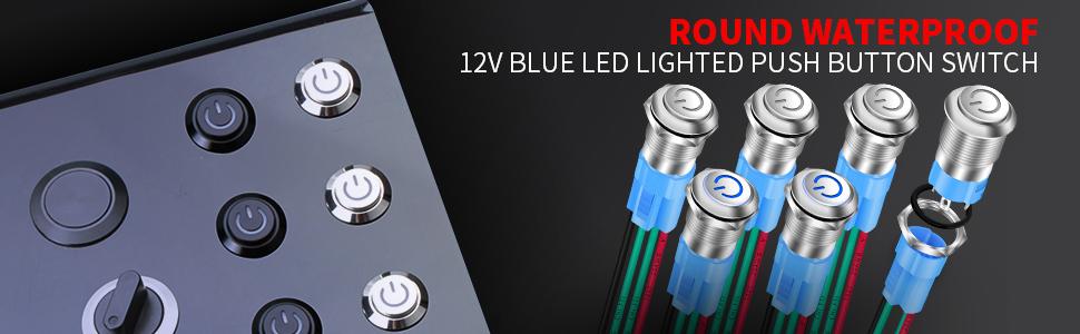 DaierTek 12MM Push Button Switch 12V Latching Push Button Switch Silver Shell Blue LED Lighted ...