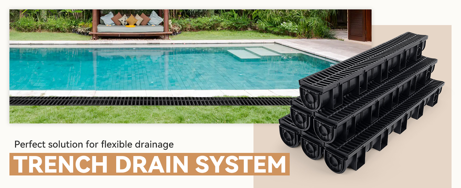 6 Pack Trench Drain System, Channel Drain with Plastic Grate, Driveway ...