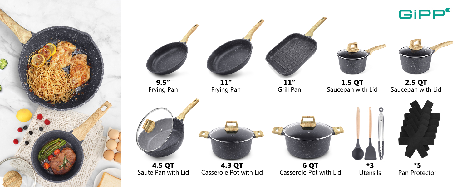 Amazon.com: GiPP 21Psc Pots and Pans Set Non Stick - Grey Granite Kitchen Cookware Sets Nonstick ...