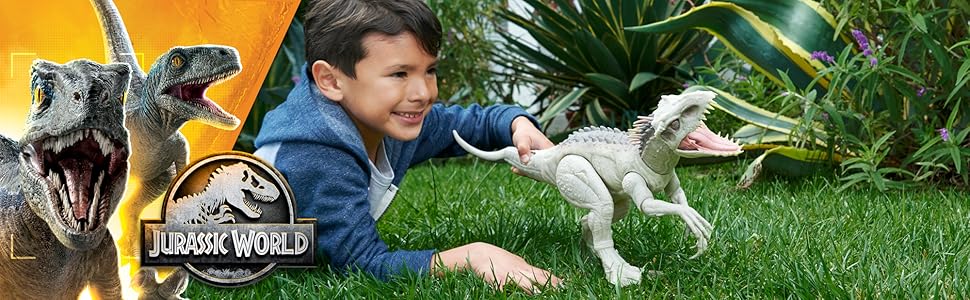 Mattel Jurassic World - Indominus Rex Caccia e Divora, dinosauro con luci e suoni, doppio morso ...