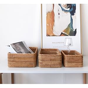 Amazon.com: ZENFUN 3 Pack Rectangular Rattan Storage Baskets, Bulk ...