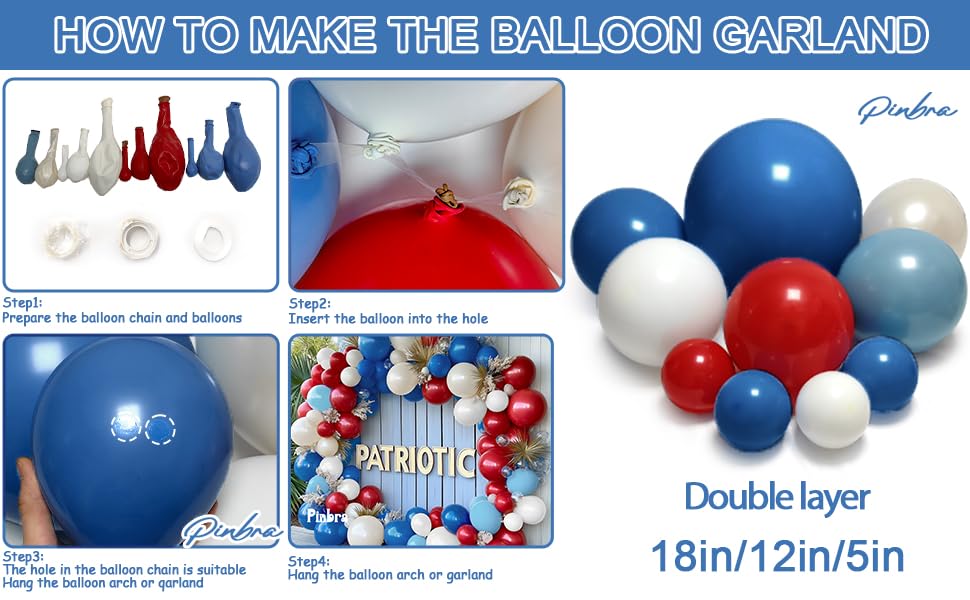 Amazon.com: Red Blue White Balloon Garland - Double Stuffed Royal Blue Red Balloons Pearl White ...