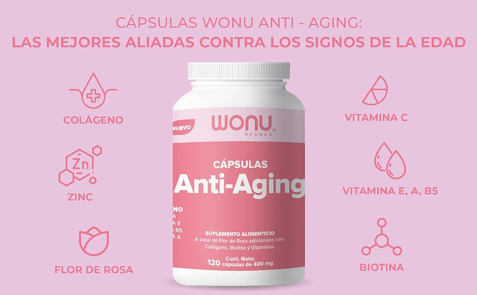 WONU, Anti-Aging 400 mg. Rinde 4 meses Con Flor de rosa, Colágeno, Biotina, Zinc y Vitaminas ...