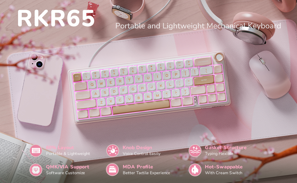 RK ROYAL KLUDGE R65 Wired Mechanical Keyboard with Volume Knob, 60% Percent RGB Backlit Gasket ...