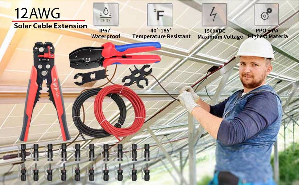 QeeHeng Kit d'outils de sertissage, connecteur de câble Solaire, 2 câbles d'extension, 1 ...