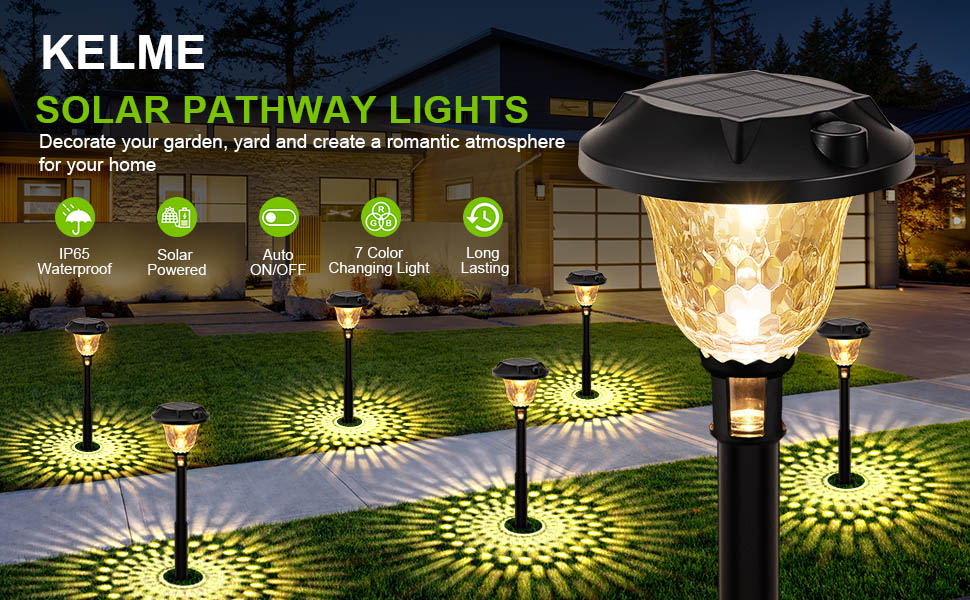 KELME 6 Pack Solar Pathway Lights, Bright Solar Garden Lights with 7 Color Changing & Warm White ...