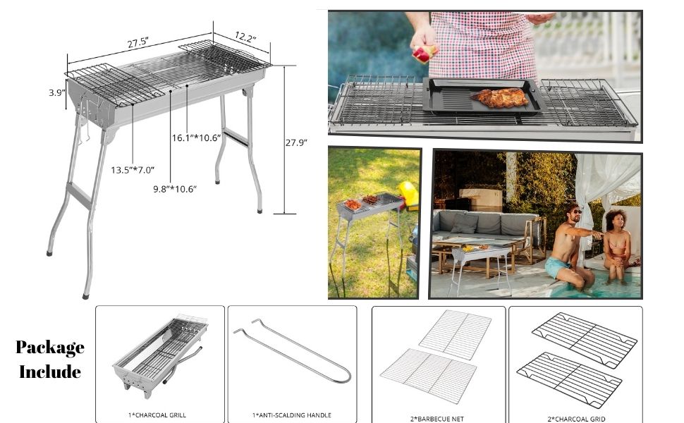 Amazon.com: Outvita Portable Charcoal Grill, 28x 13 x 27" Foldable Barbecue Grill, Stainless ...