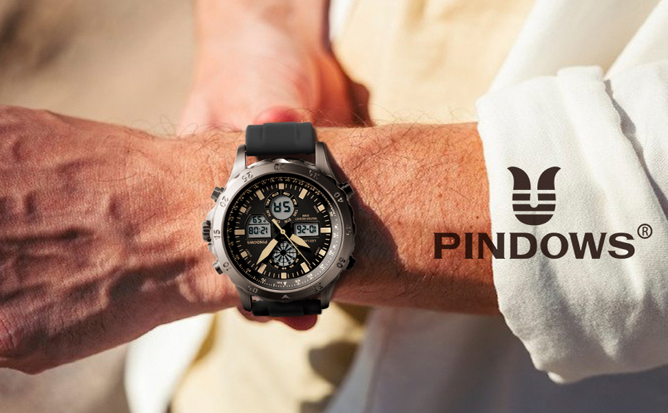 PINDOWS Watches for Men, Men Waterproof Analog Digital Sport Watches Multifunctional Heavy Duty ...