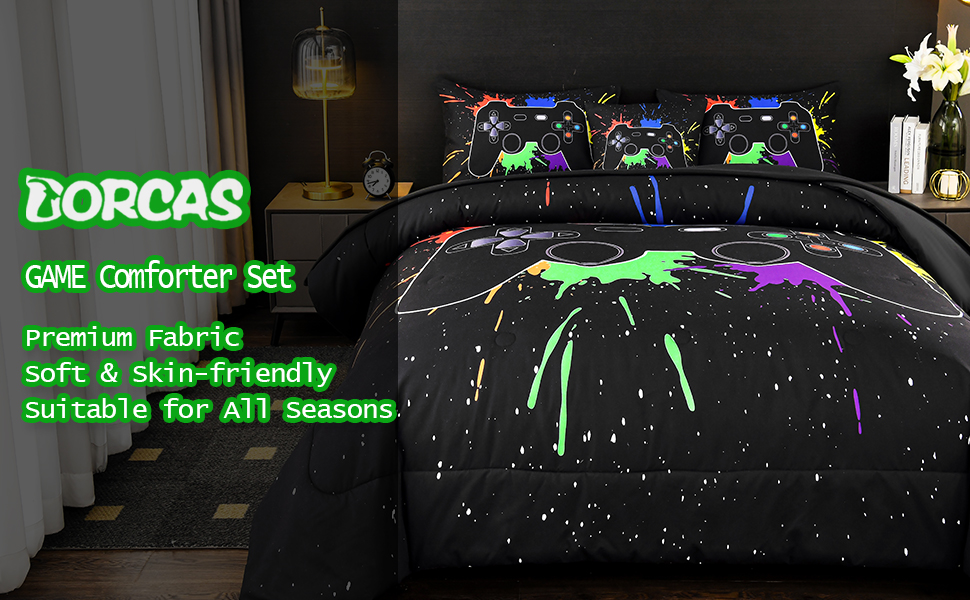 Amazon.com: DORCAS Twin Size Gamer Comforter Set with Sheets for Boys,Game Console Black Bedding ...