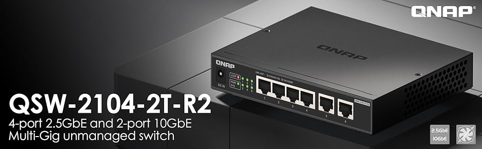 Amazon.com: QNAP 4-Port 2.5Gbps & 2-Port 10BASE-T Unmanaged Switch (QSW-2104-2T-R2-US) : Electronics